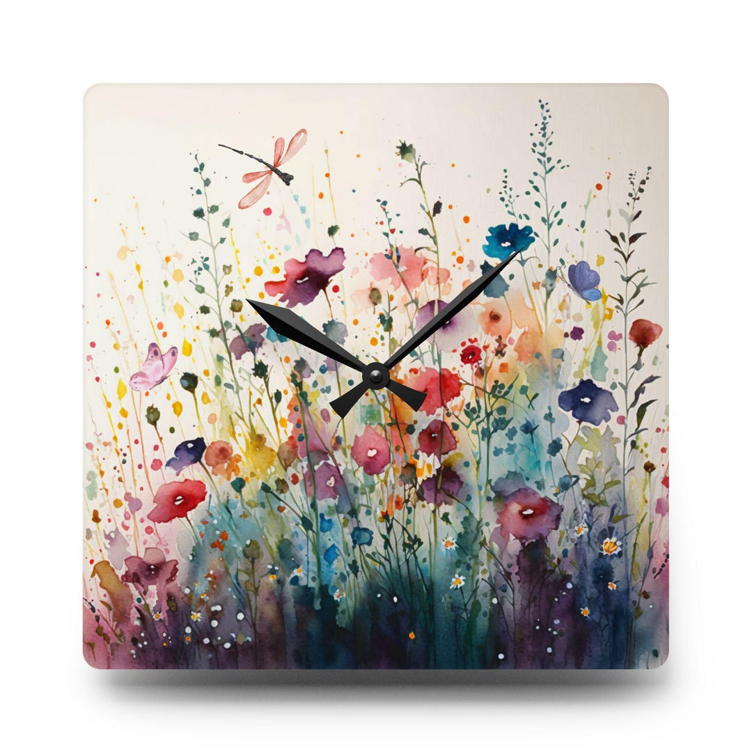 Watercolor Wildflowers Acrylic Wall Clock | Cottagecore Home Décor ...