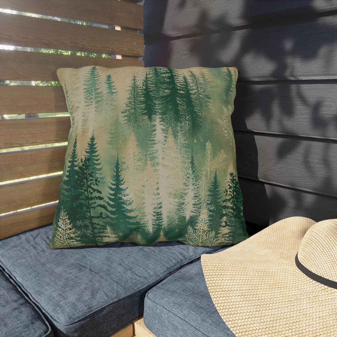 Earthy Outdoor Pillows | Forest Trees Woodsy Design | Green Beige Cream ...