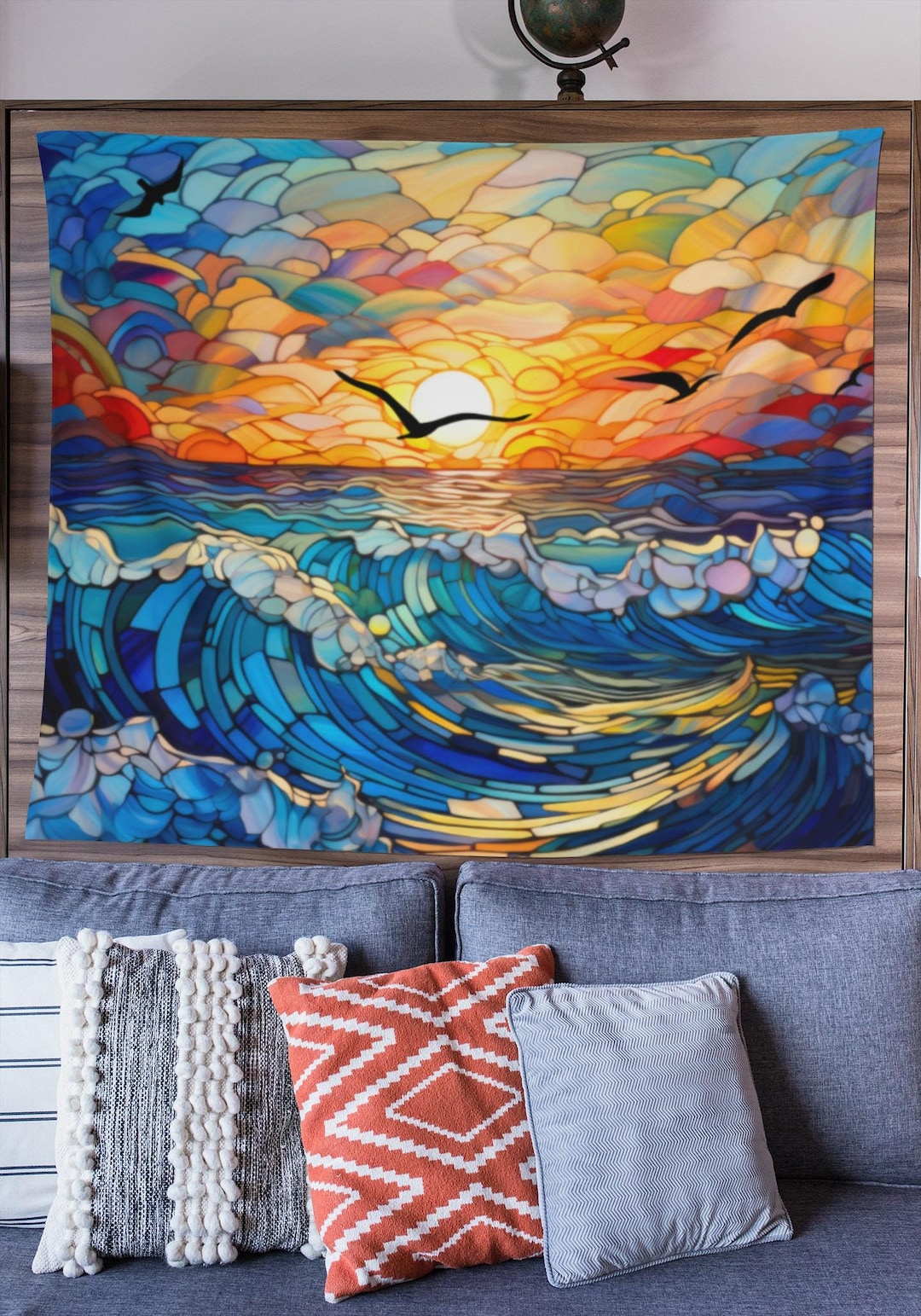 Ocean Beach Sunset Tapestry Stained Glass Design Landscape Wall Hanging ...