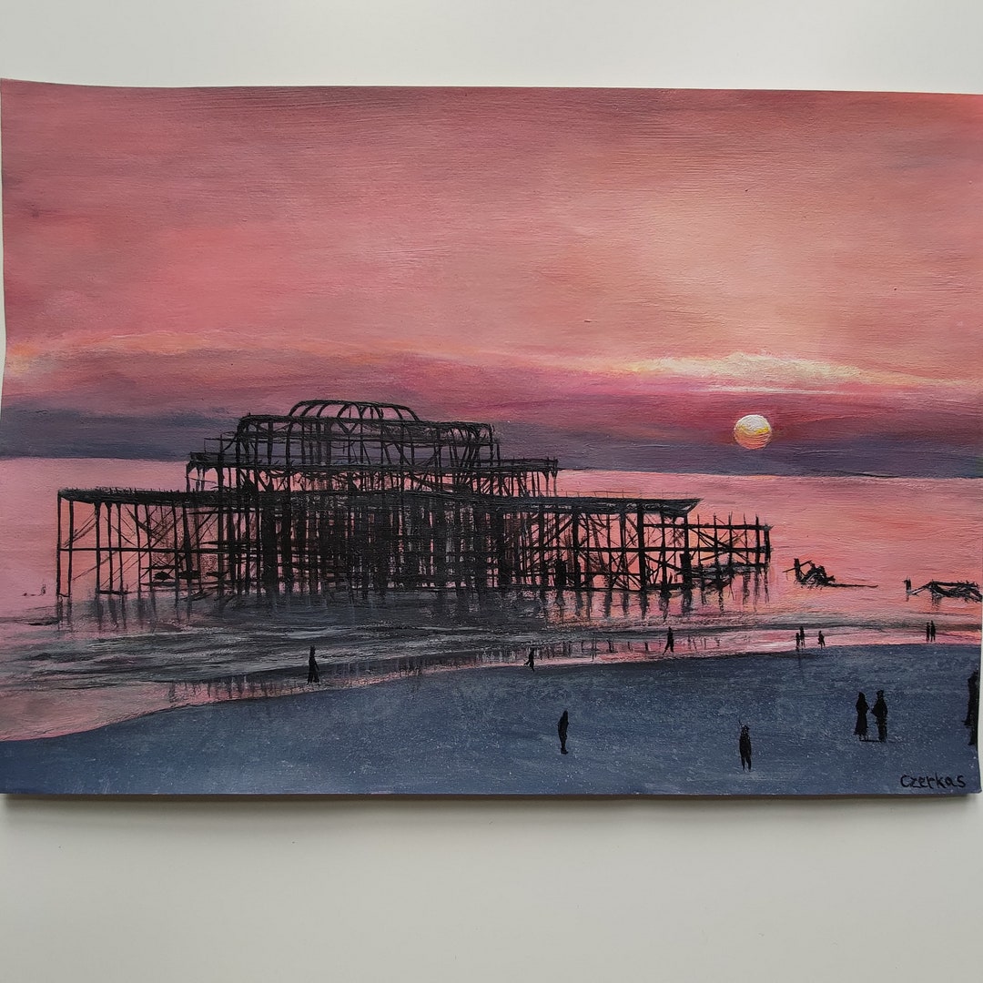 Brighton West Pier and Sea Sunset, Original Acrylic Painting on Paper ...