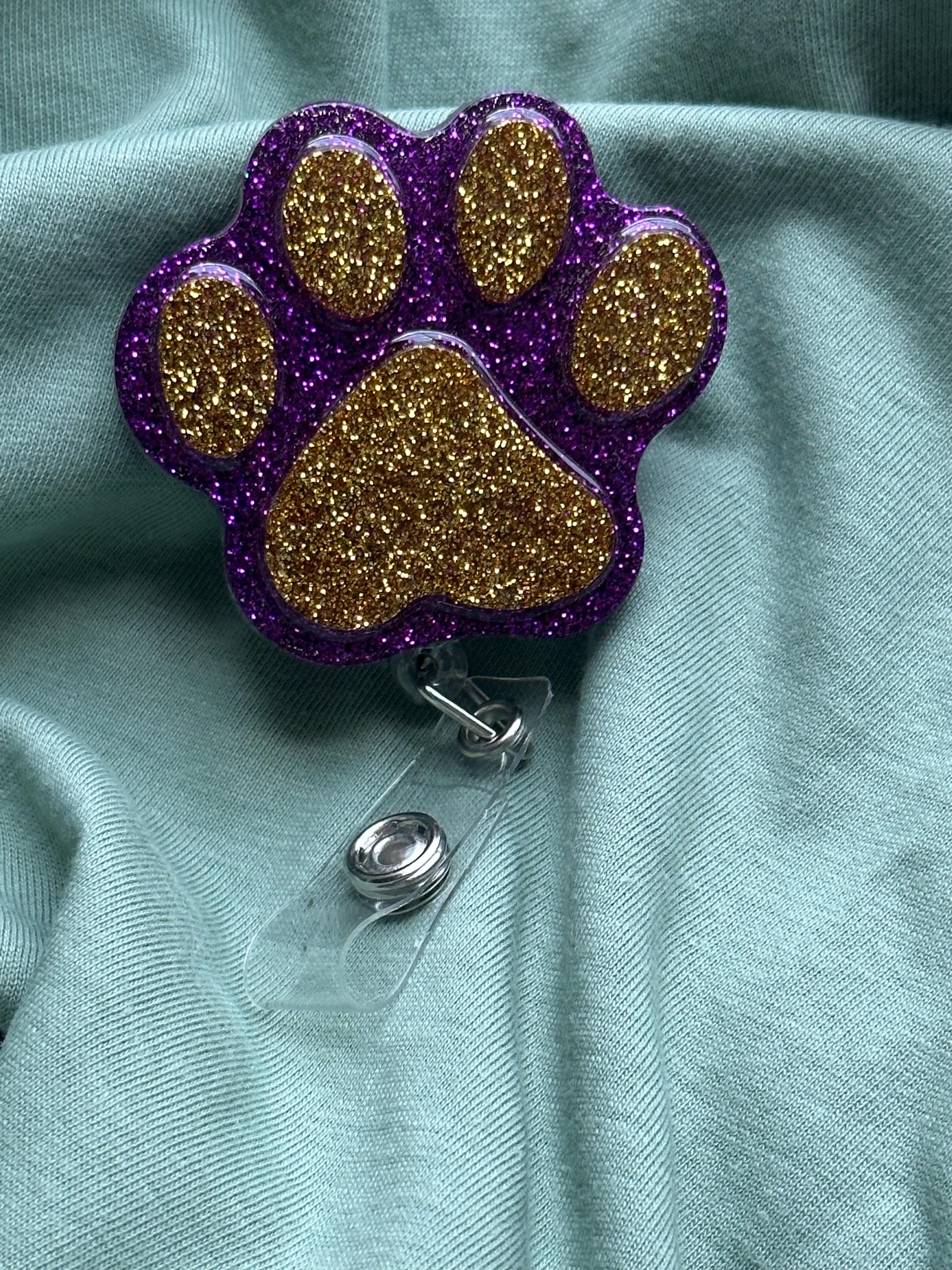 Resin Paw Print Gold & Purple Glitter( Badge Reel or Keychain ) or ...