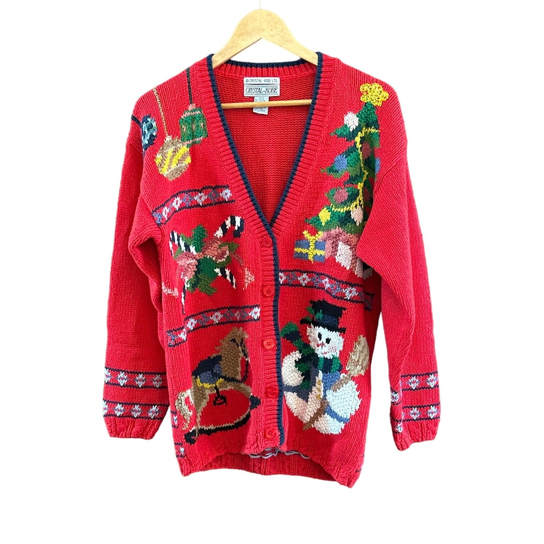 Vintage Crystal-kobe Red Festive Christmas Cardigan Ugly Sweater Large ...