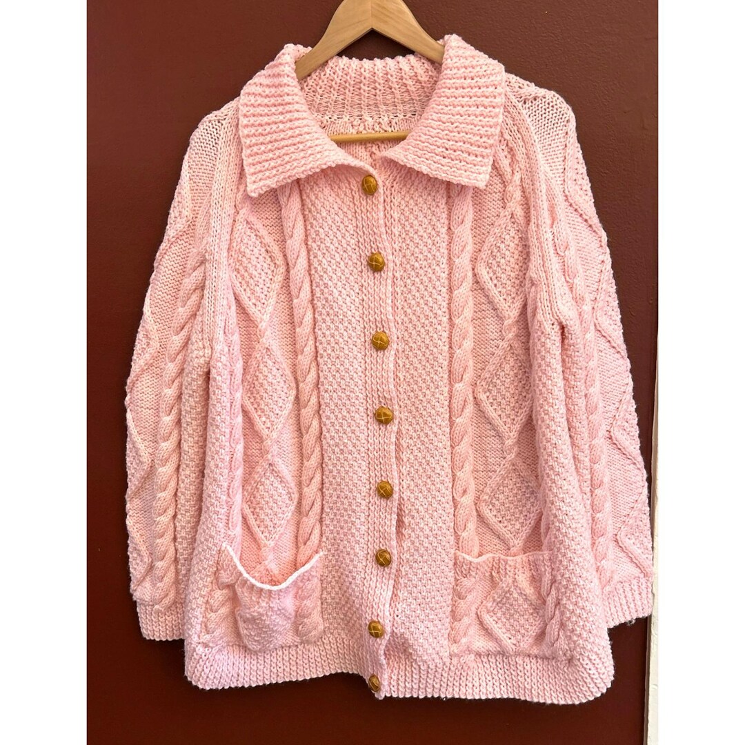 Artisan Hand-knit Fisherman Cable Knit Button up Easter Cardigan Front ...