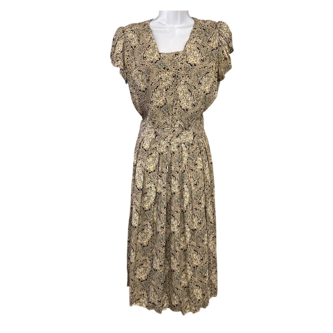 Vintage 90 Karen Stevens Boho Botanical Midi Dress Square Neck Flutter ...