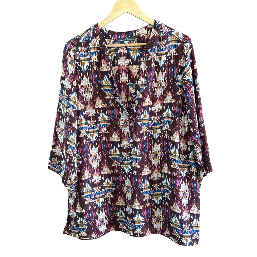 Rose & Olive Southwestern Bohemian Plus Size 1X Tunic Blouse V Neck 3/4 ...