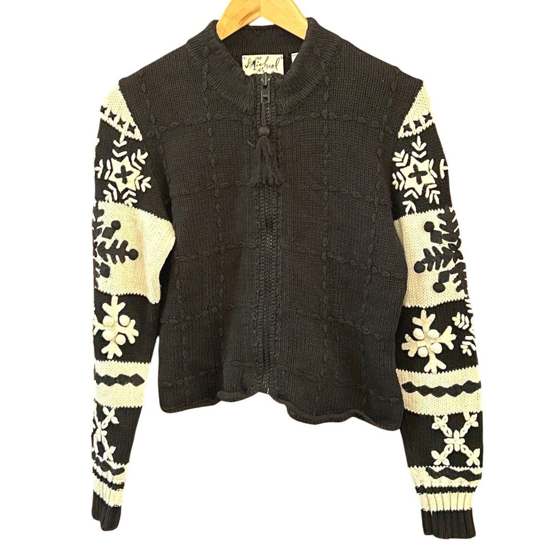 1995 Michael Simon Black Ivory Snowflake Applique Zip Knit Cardigan ...