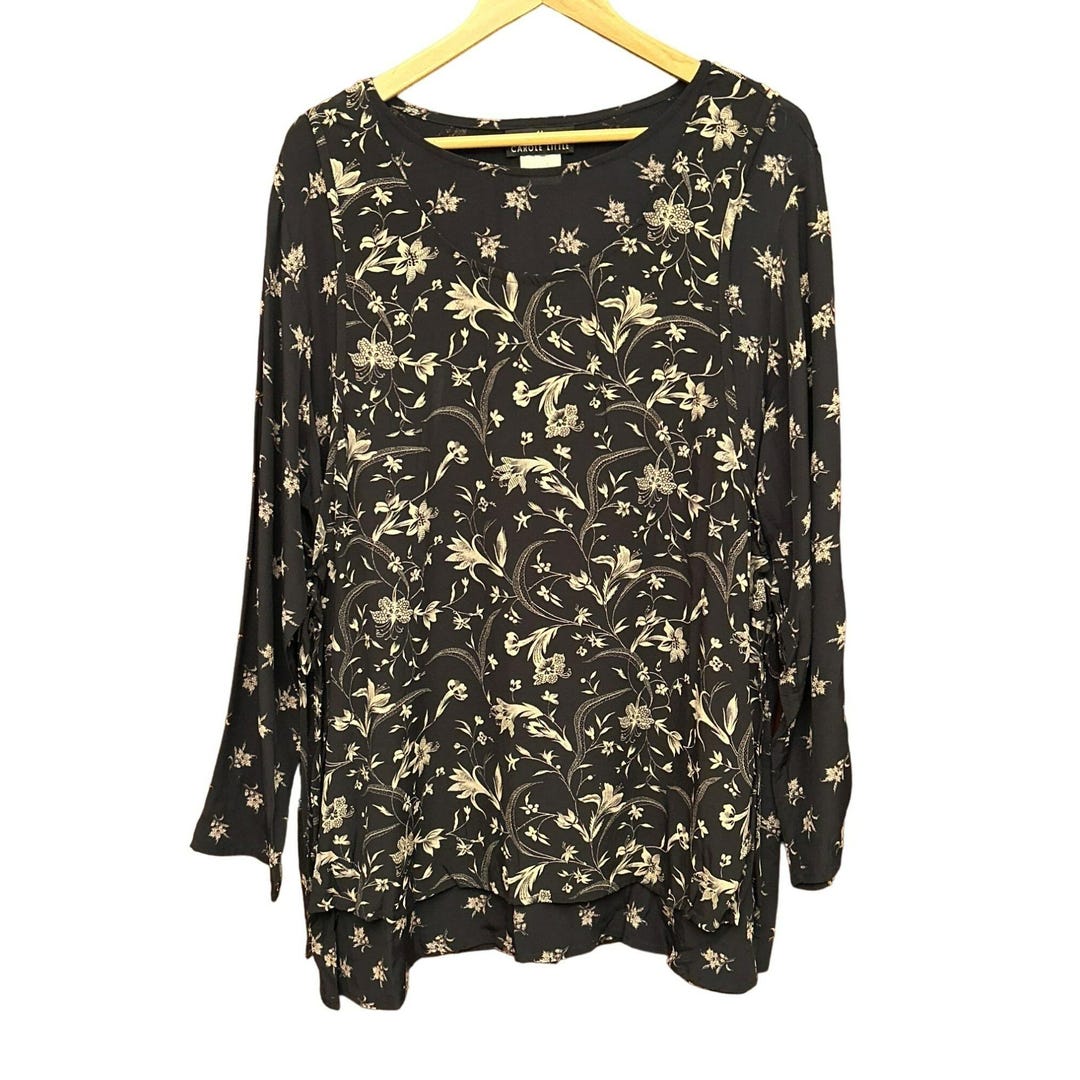 Vintage Carole Little Black Cream Floral Print Long Sleeve Top Size 16 ...