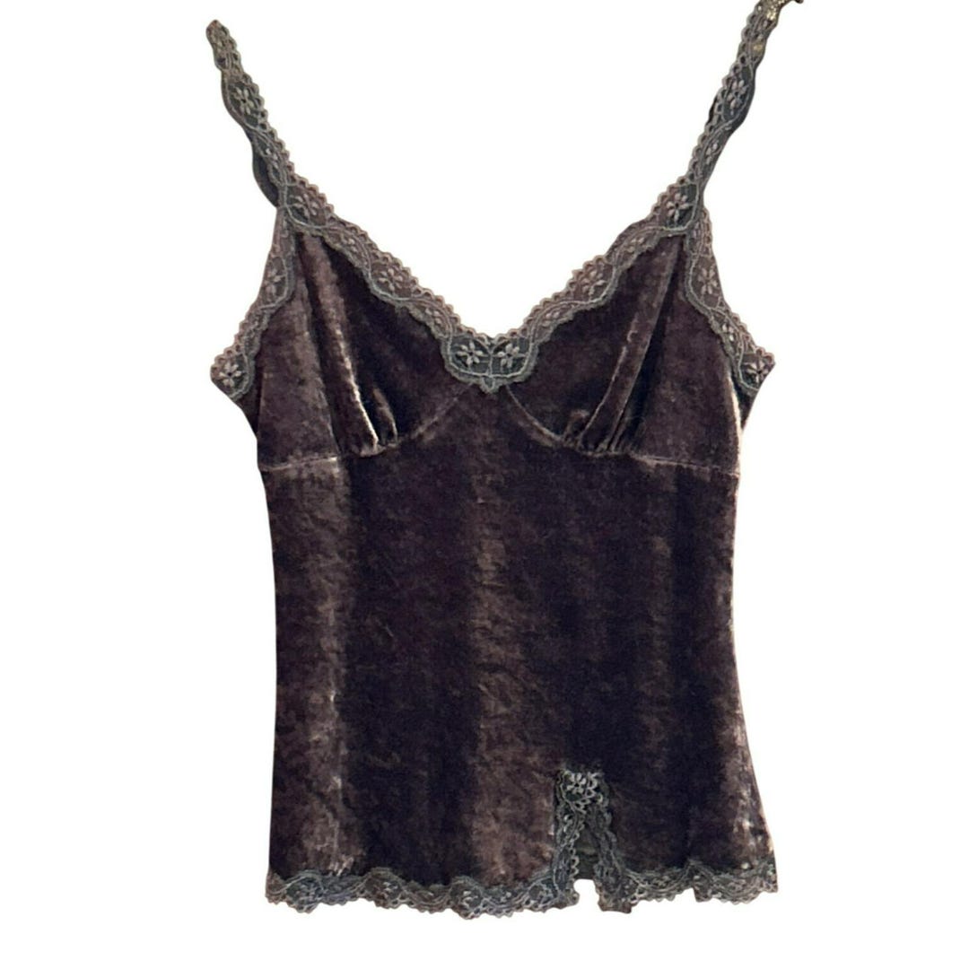 Express Y2K Vintage Brown Crushed Velvet Lace Trim Baby Doll Camisole ...