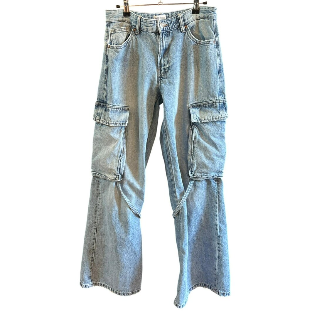 Zara Women Mid Rise Cargo Jeans Belt Loop Sz 6 Distressed Hem Carpenter ...