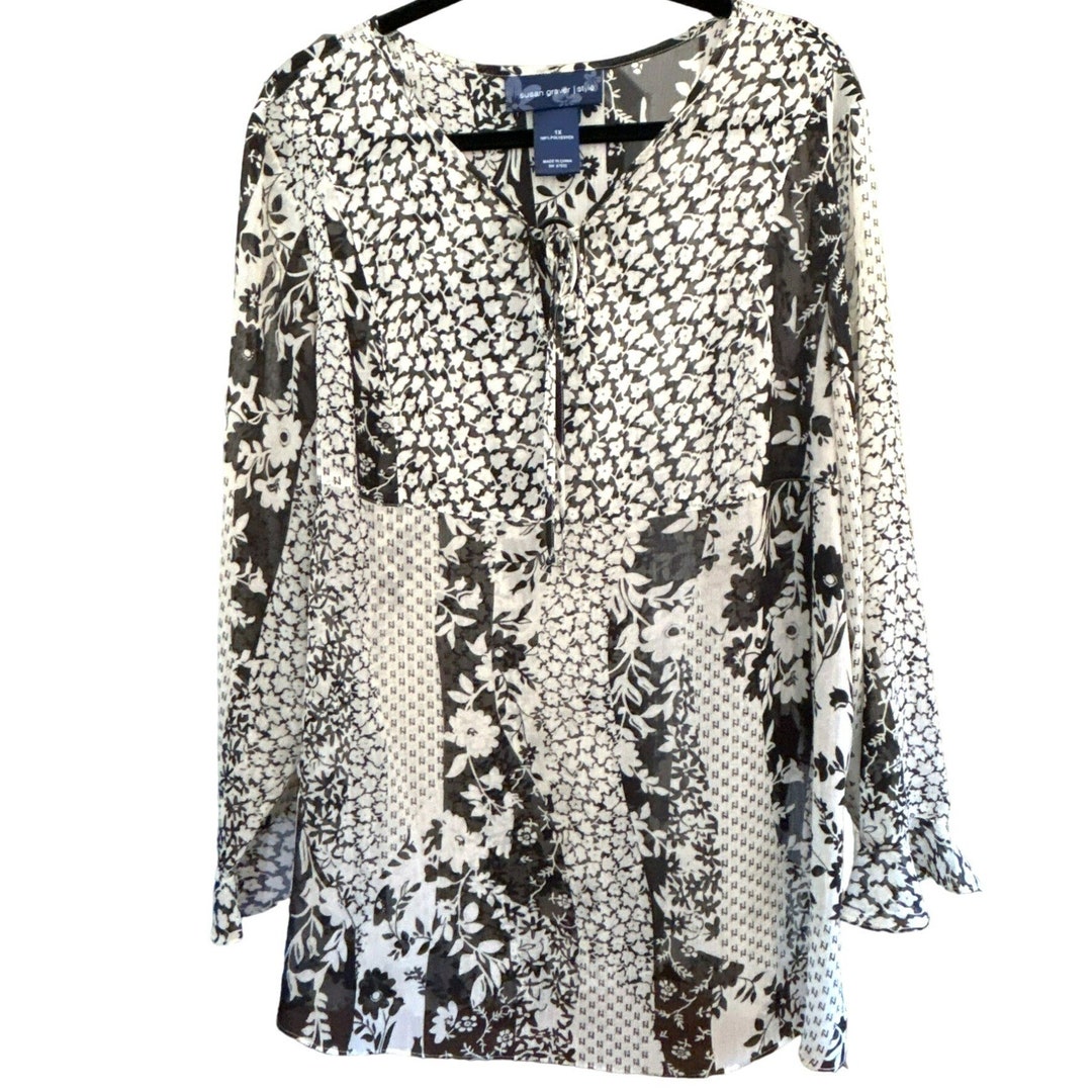 Susan Graver Style Women's Black White Sheet Patchwork Floral Blouse ...