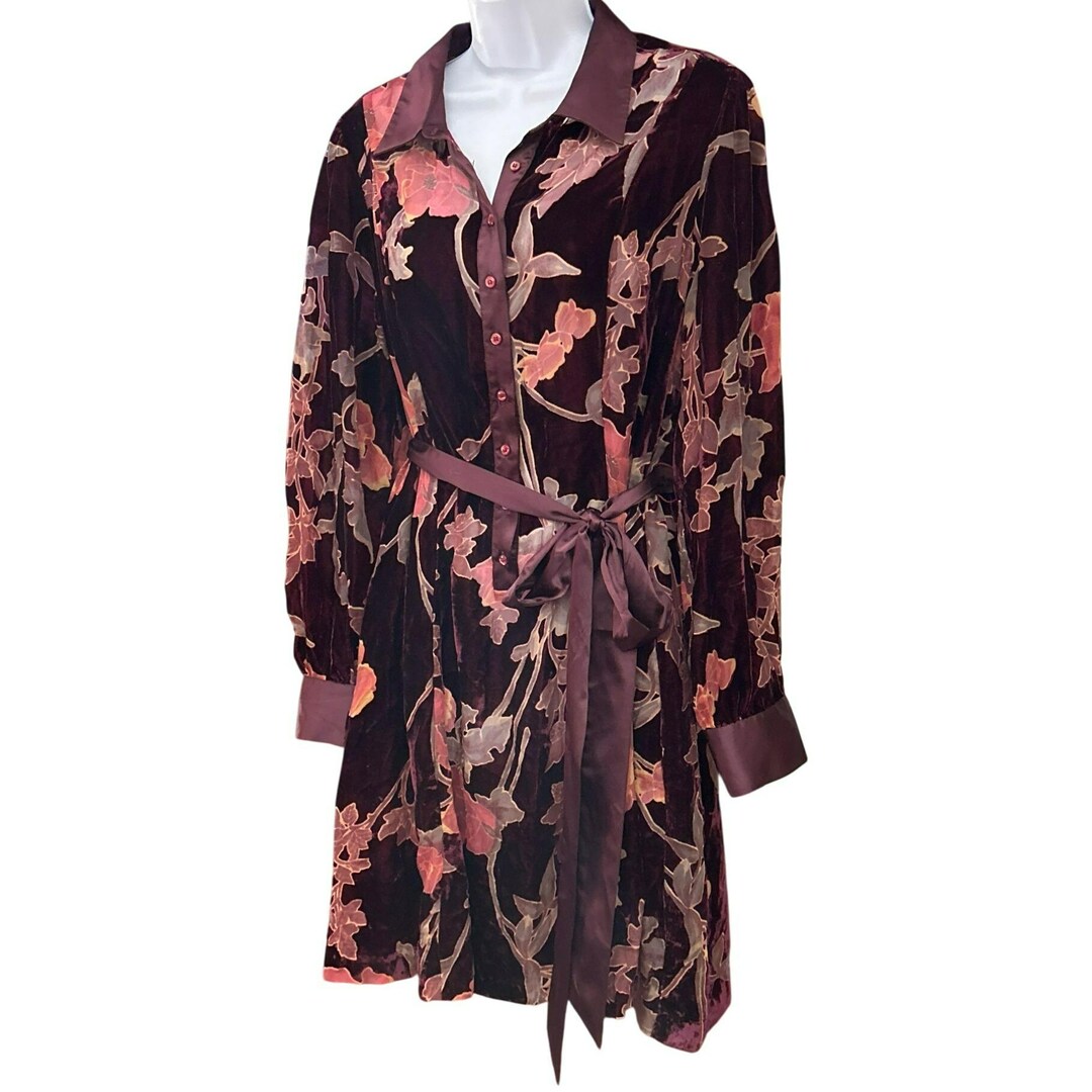 Modcloth Red Pink Burnout Velvet Shirt Dress Satin Trim Size XL ...