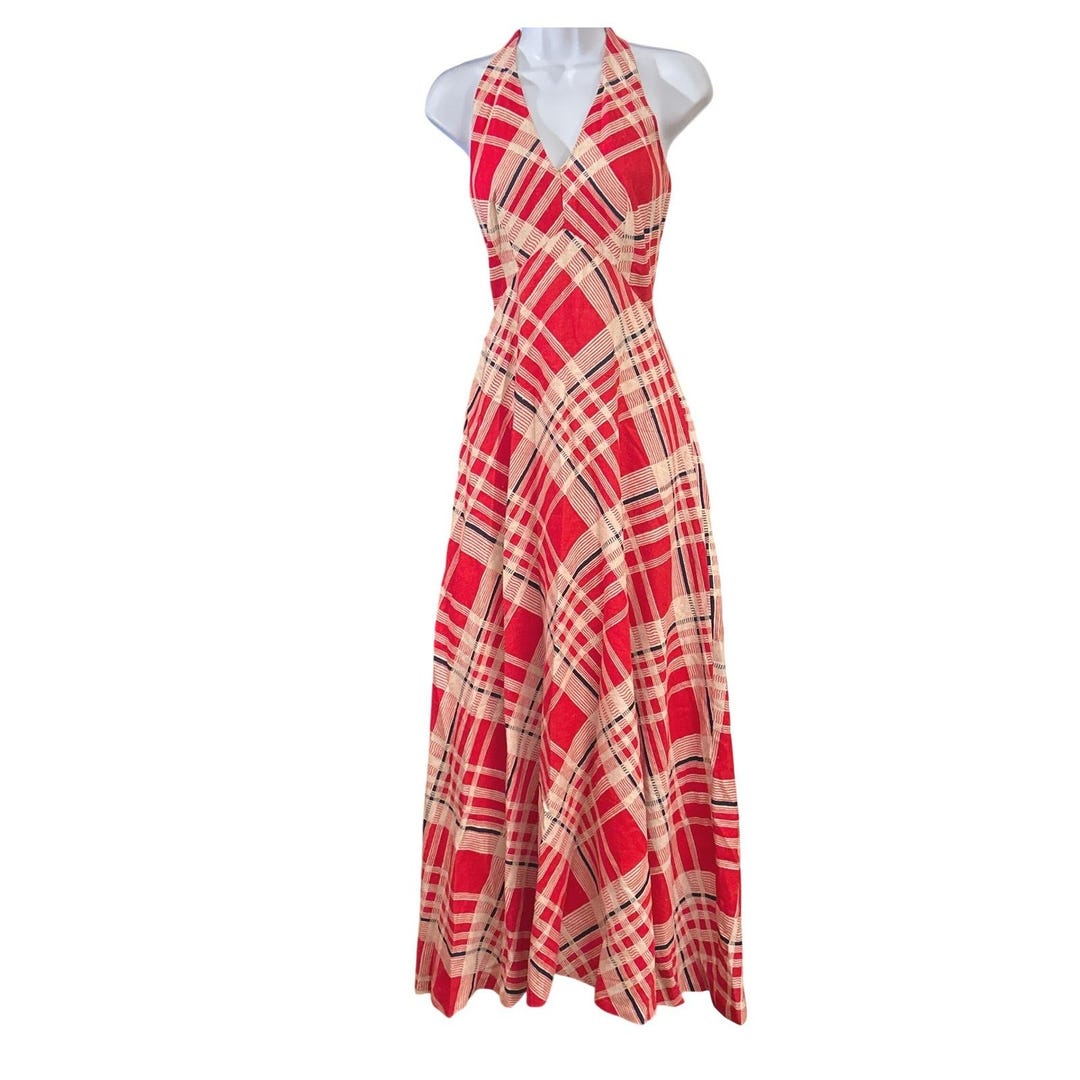 Vintage 1970s Beverly Paige Red Plaid Halter Maxi Dress ILGWU Union ...