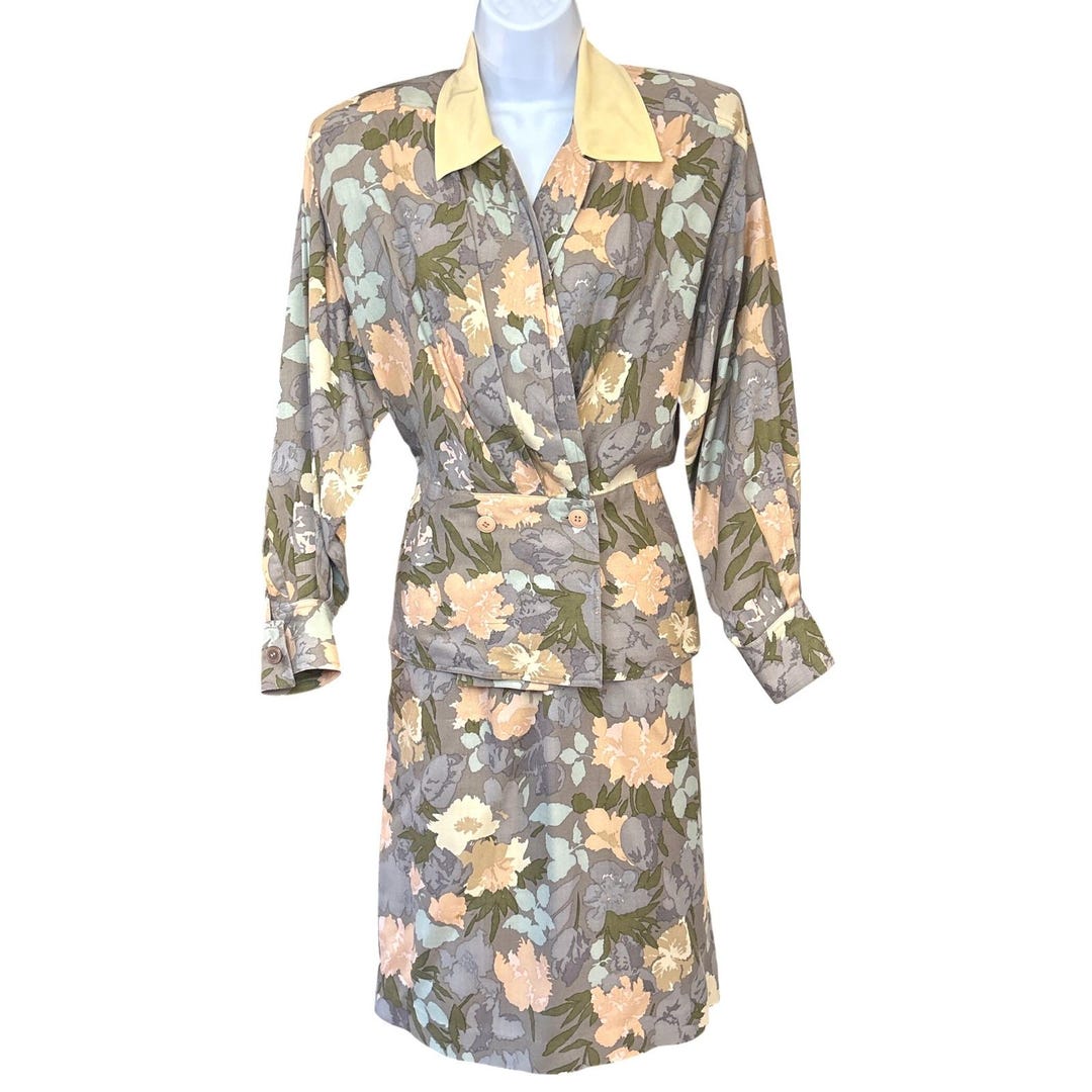 Kay Unger St Gillian 100% Silk Floral Skirt Set Vintage 80s 90s Pastel ...