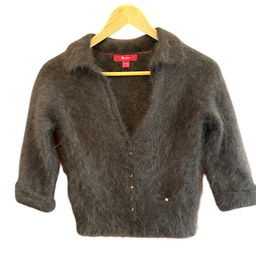 Vintage Monsoon Brown Angora Blend Fluffy Cardigan Sweater Button UK12 ...