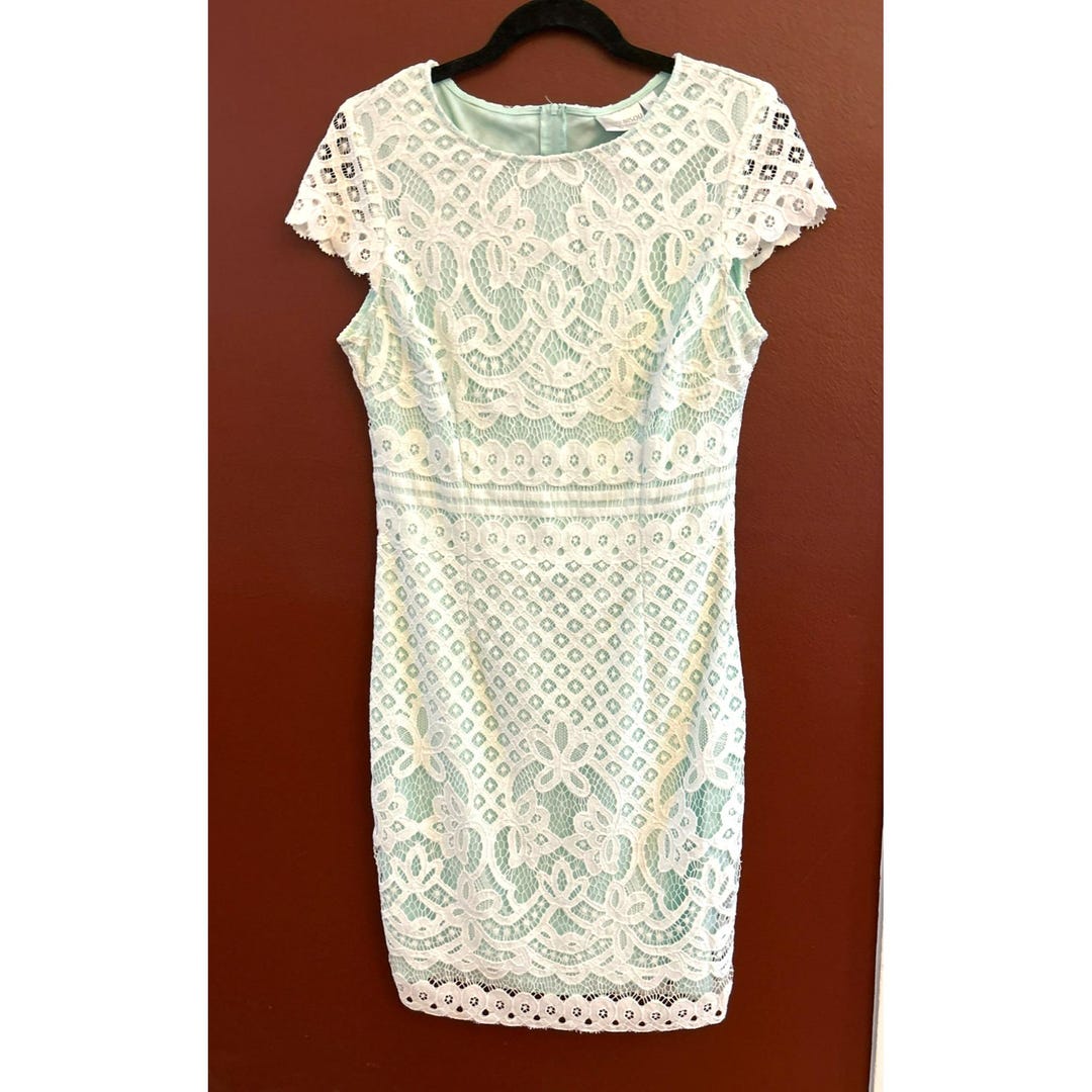 Bisou Bisou Michele Bohbot White Lace Crocheted Dress Mint Lining Size ...