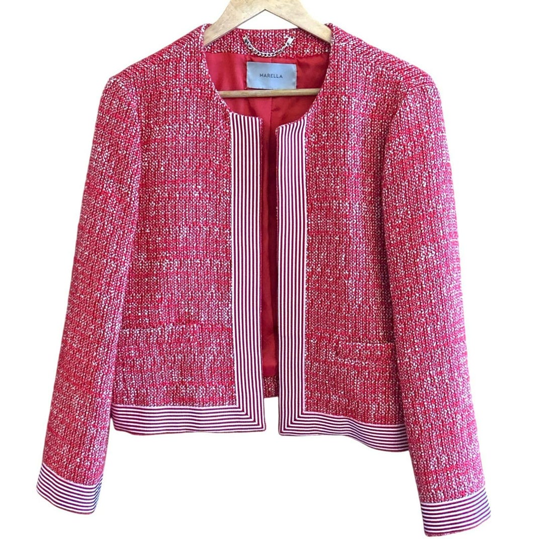 Marella by Max Mara Women's Red Tweed Jacket Striped Trim Size 10 ...