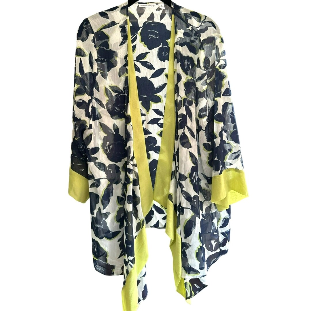 Susan Graver Women's Sheer White Blue Green Floral Buttonless Cardigan ...