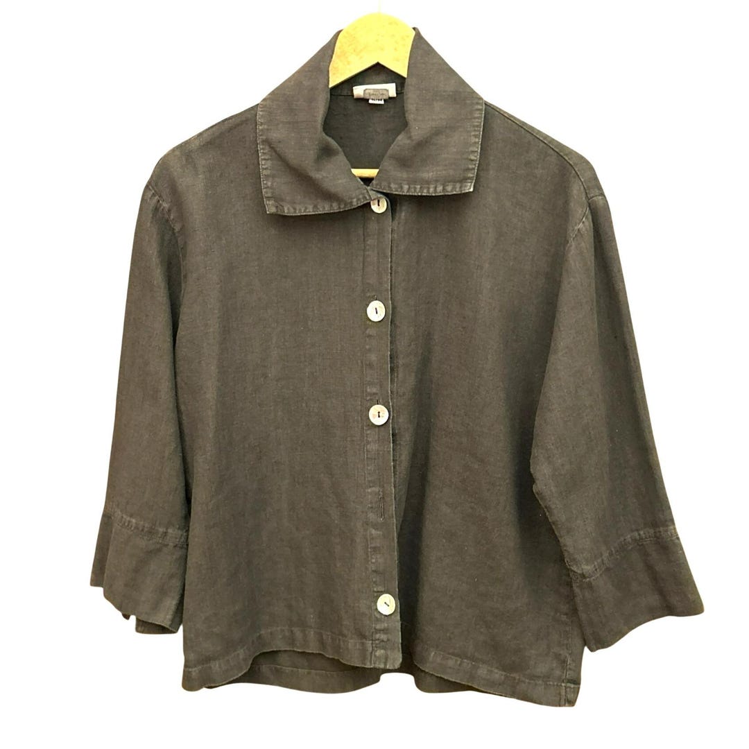 Habitat Women's Black Linen Button up Blouse Size S/M Lagenlook Relaxed ...