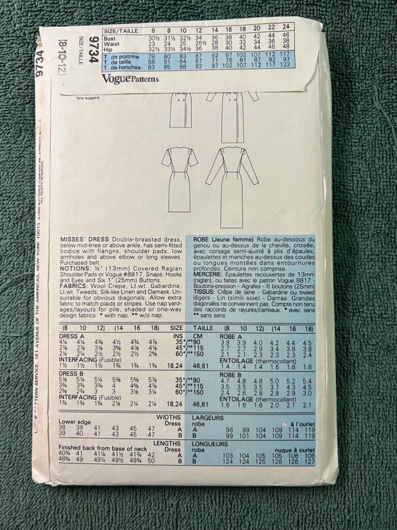 Very Easy Very Vogue Pattern #9734 Sizes 8/10/12 Misses ' Dress Uncut ...