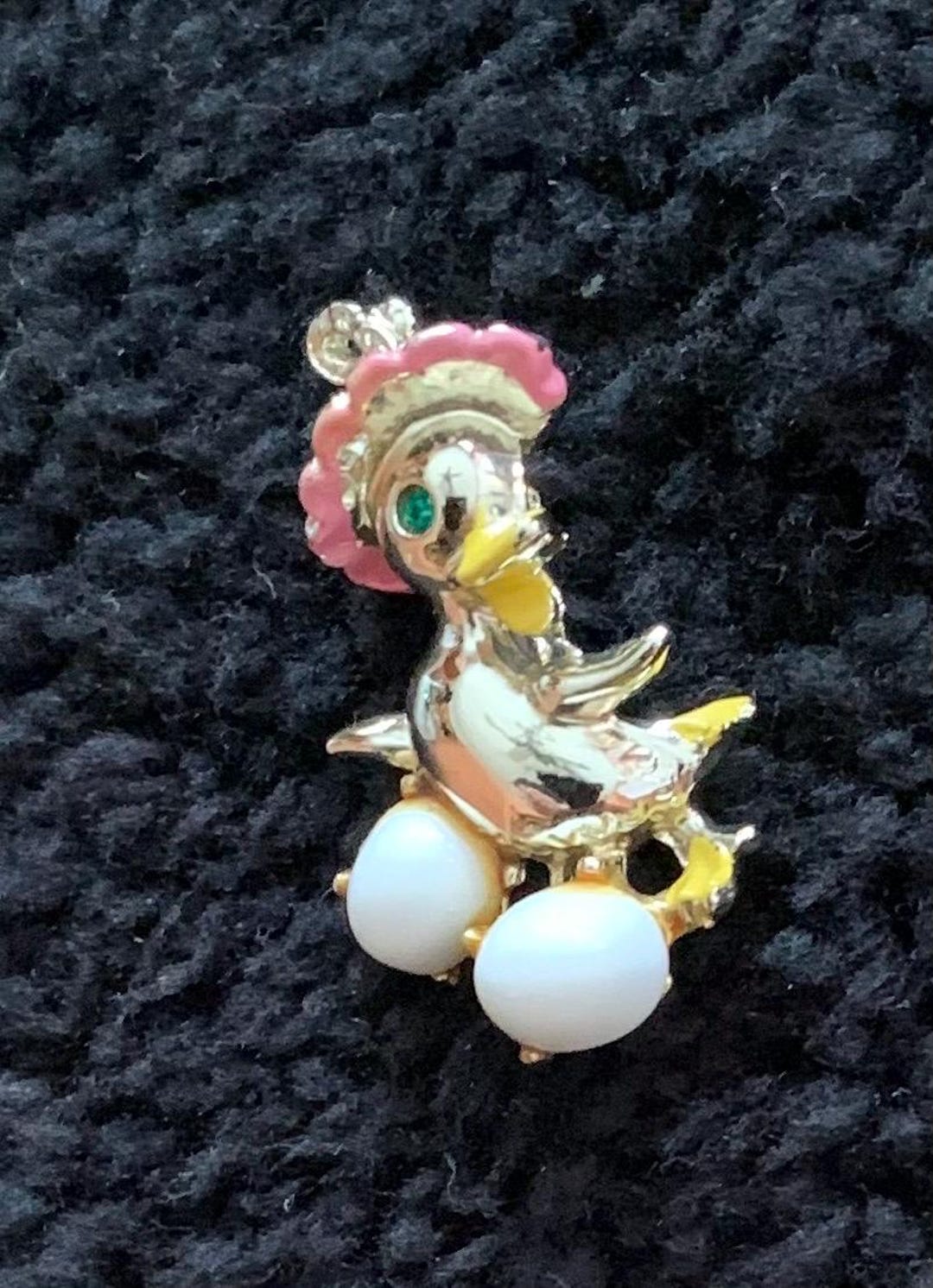 Vintage Gold Tone Duck Pin With Enamel, Rhinestones and Milk Glass Eggs ...