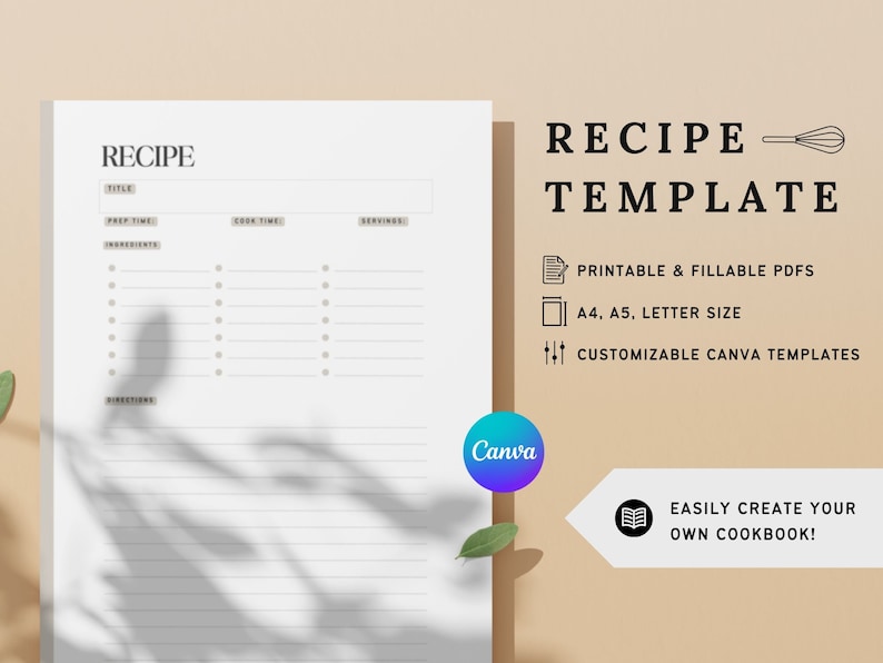 Printable Recipe Template Digital Download Recipe Book Template ...