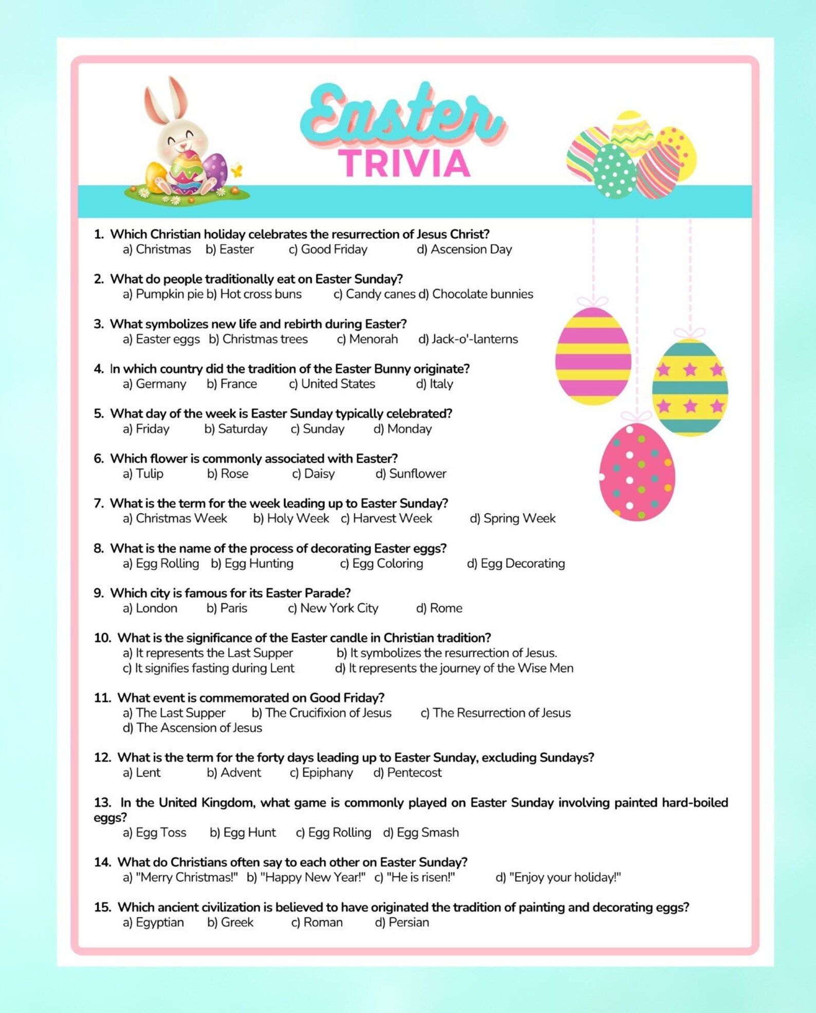 Easter Trivia for Kids, Kids Easter Game, Easter Classroom Activity ...