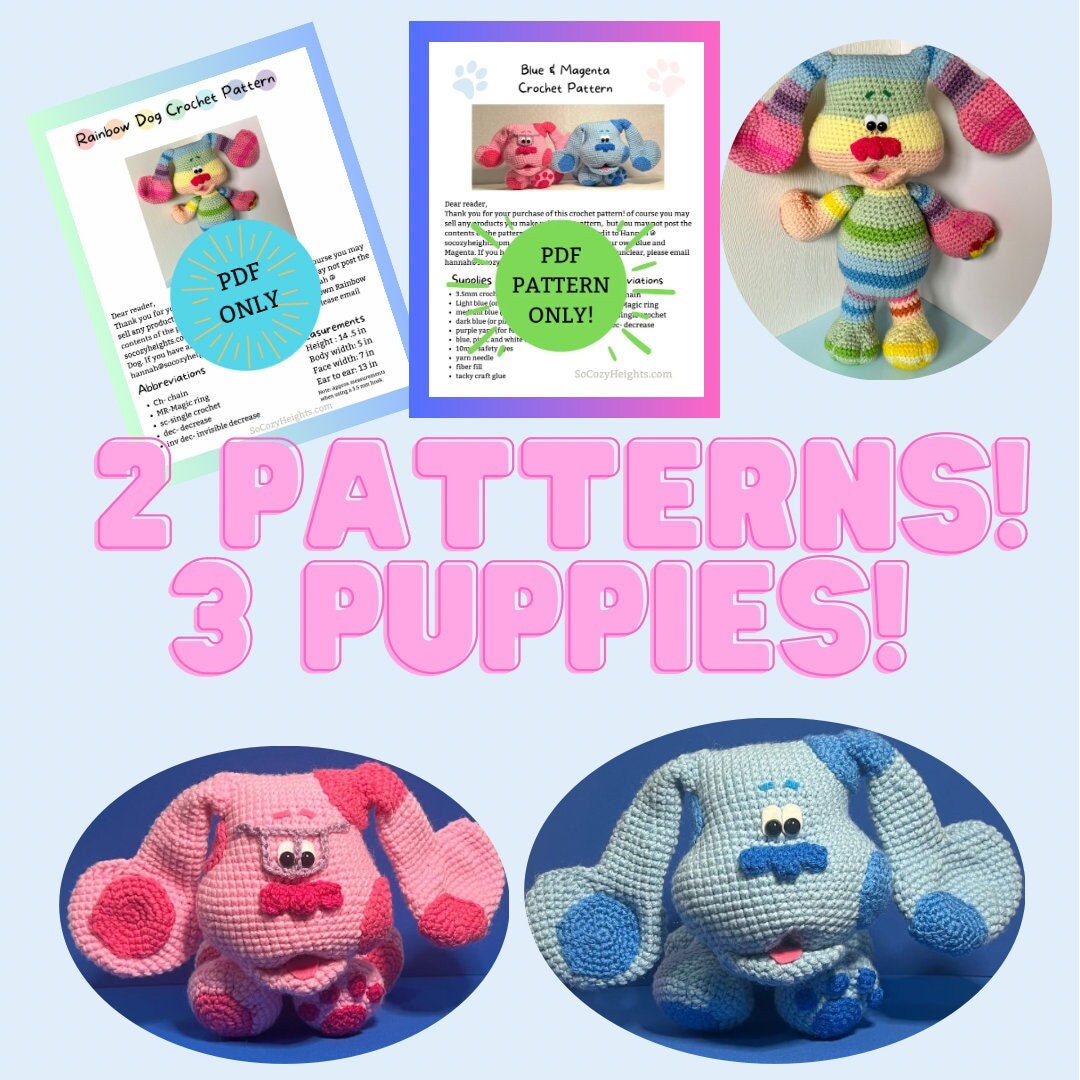 Blue Dog, Pink Dog & Rainbow Dog Crochet Pattern Bundle, Puppy Crochet ...