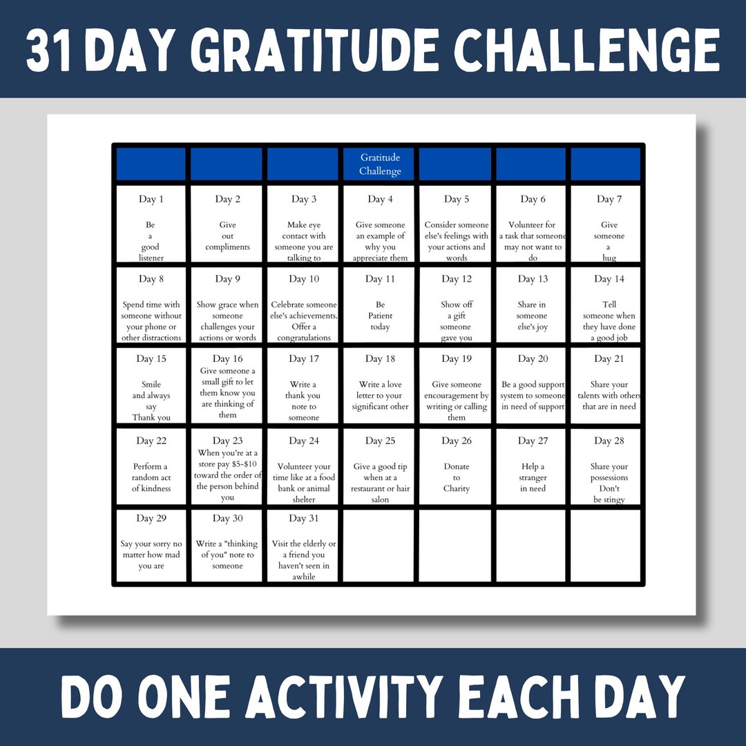 31 Day Gratitude Challenge Template for Thankfulness Printable Tracker ...