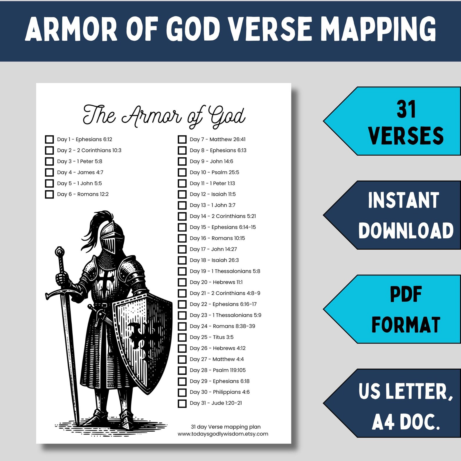 Armor of God Printable Verse Mapping Plan for Christians 30 Day Bible ...