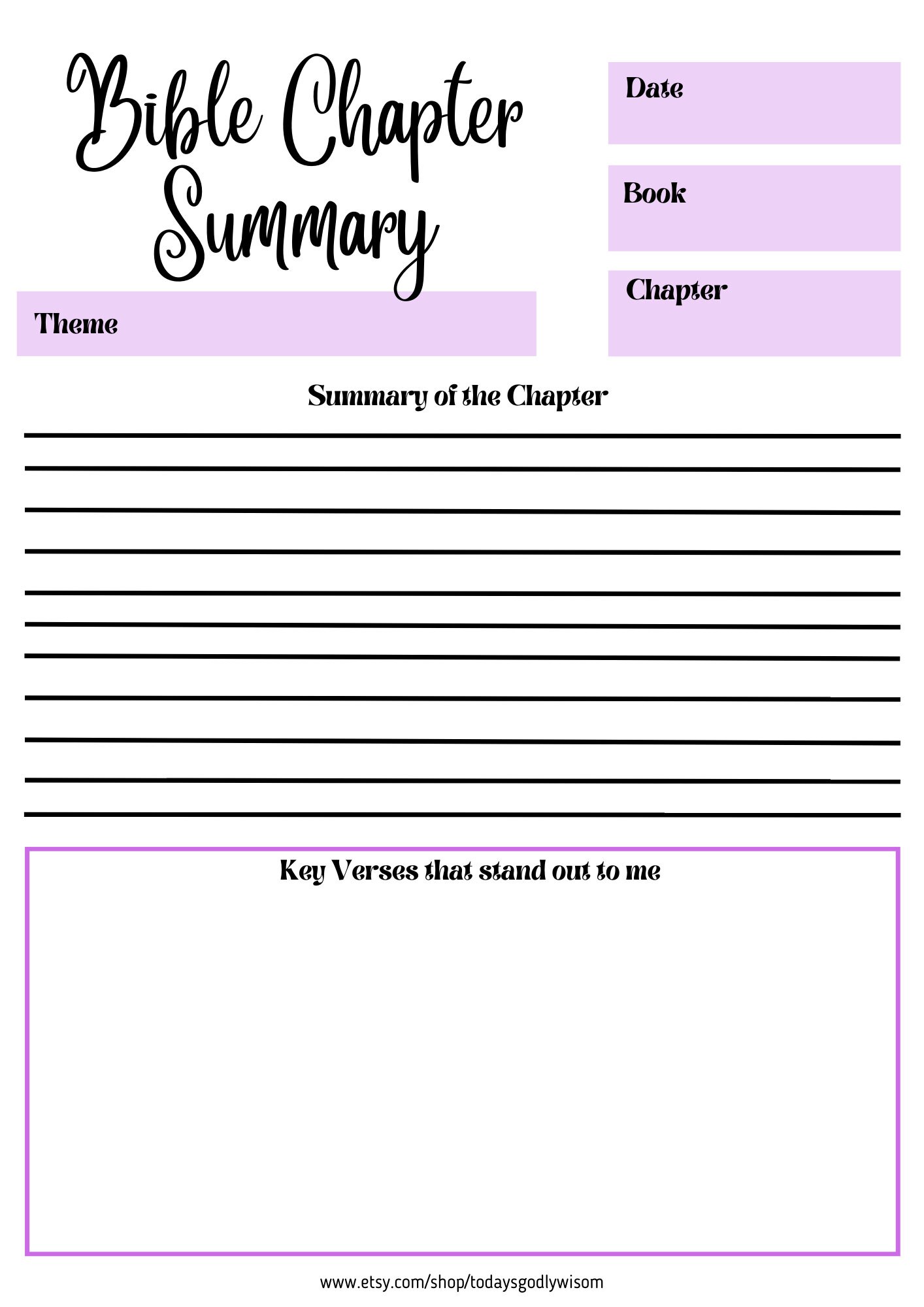 Bible Chapter Summary Template, Bible Study for Men, Women, Student ...