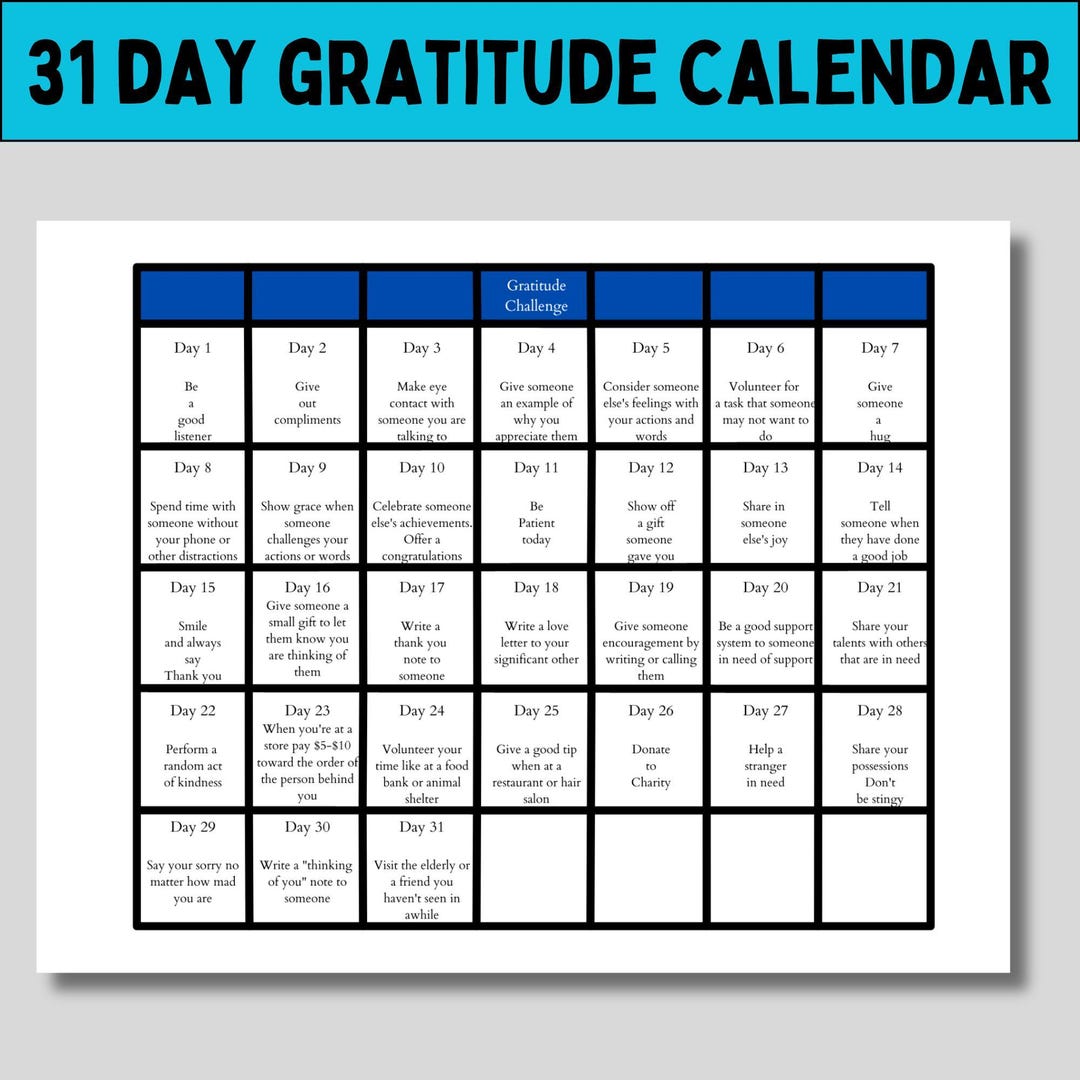 Calendario de gratitud imprimible de 31 días para un mes. Tabla de ...