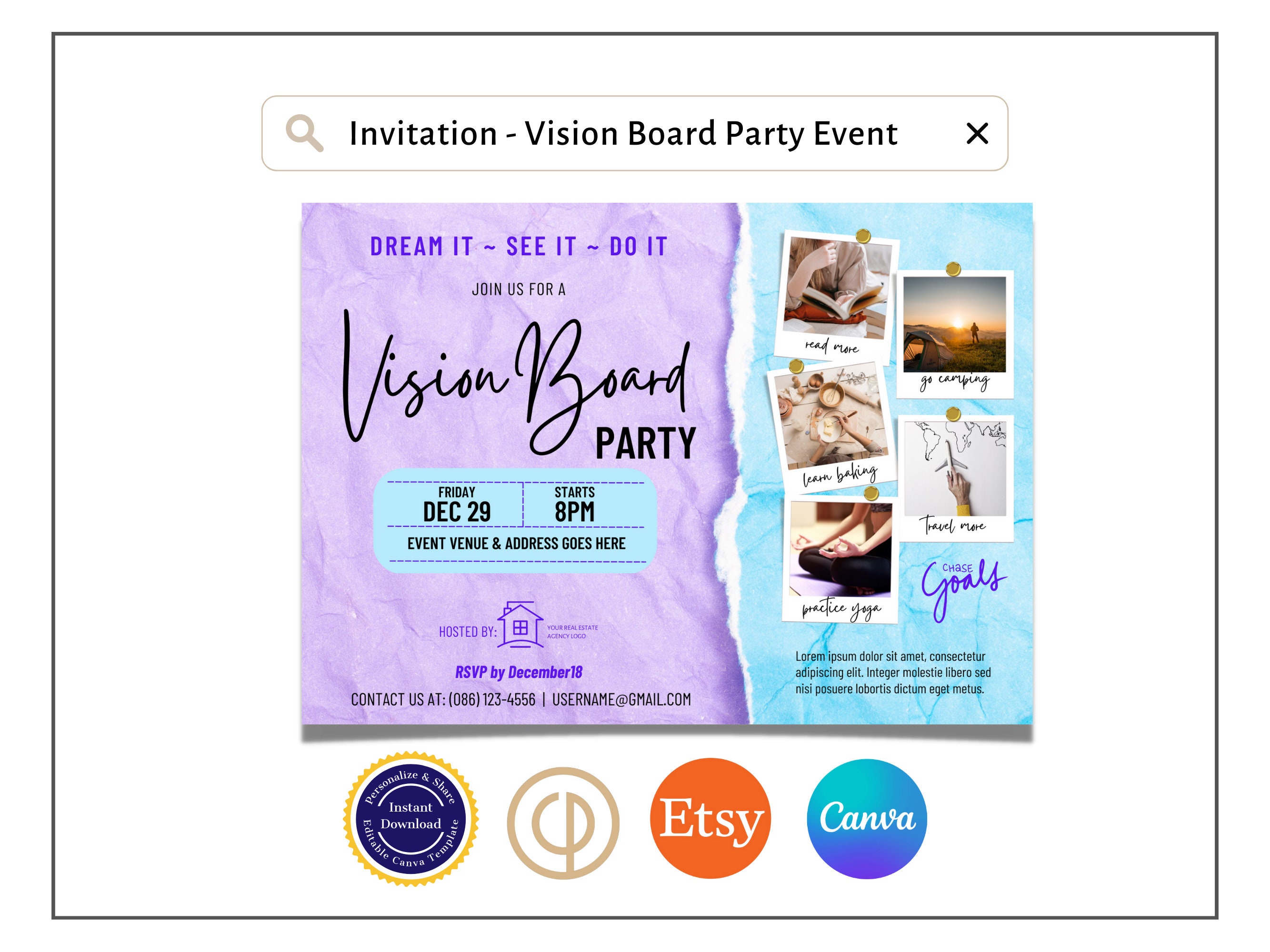 Invitation | Client Event | Vision Board Party | Canva Template | Real ...