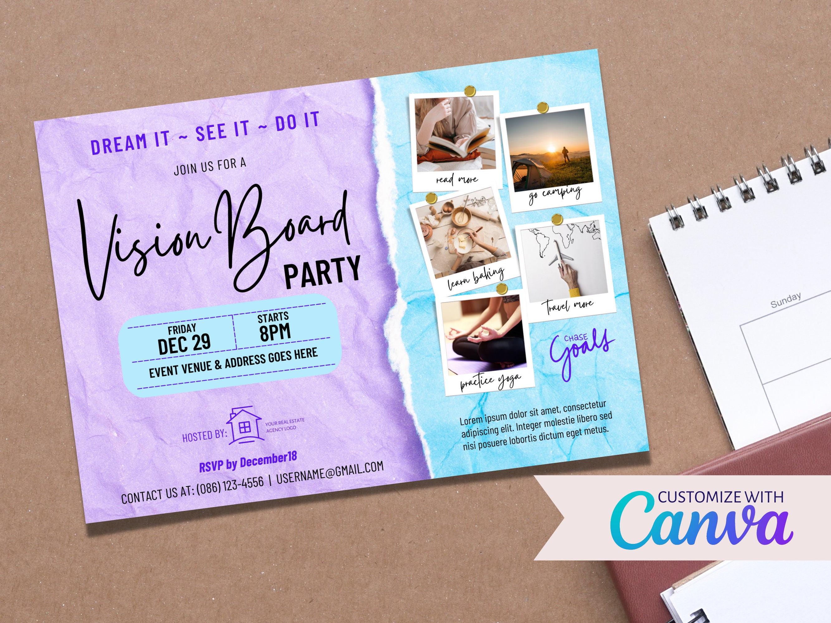Invitation | Client Event | Vision Board Party | Canva Template | Real ...