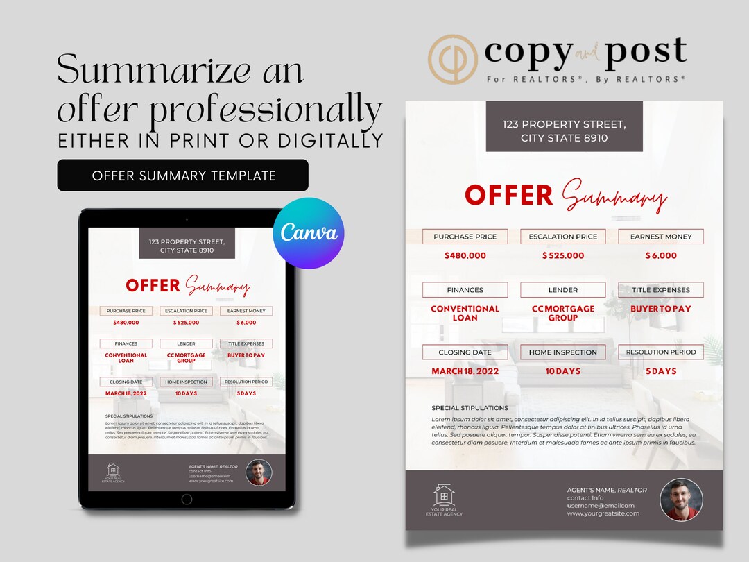Offer Summary | Canva Template | Real Estate Marketing | Real Estate ...