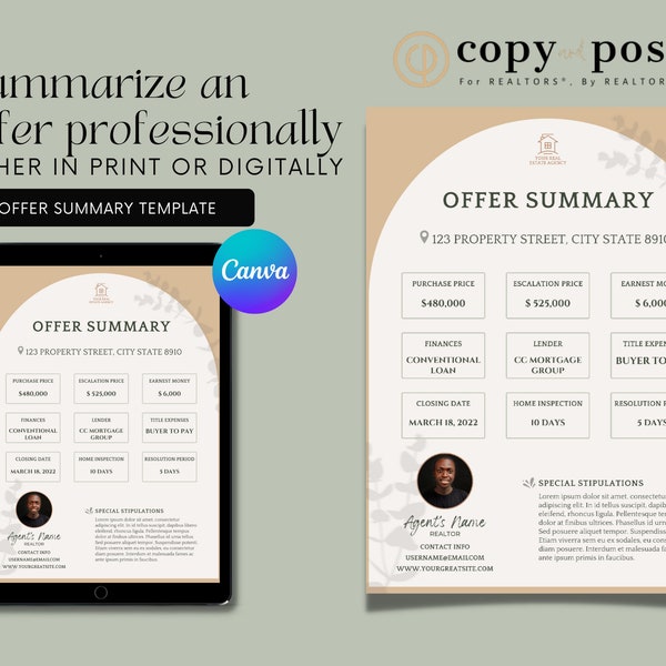 Real Estate Offer Summary Template - Etsy