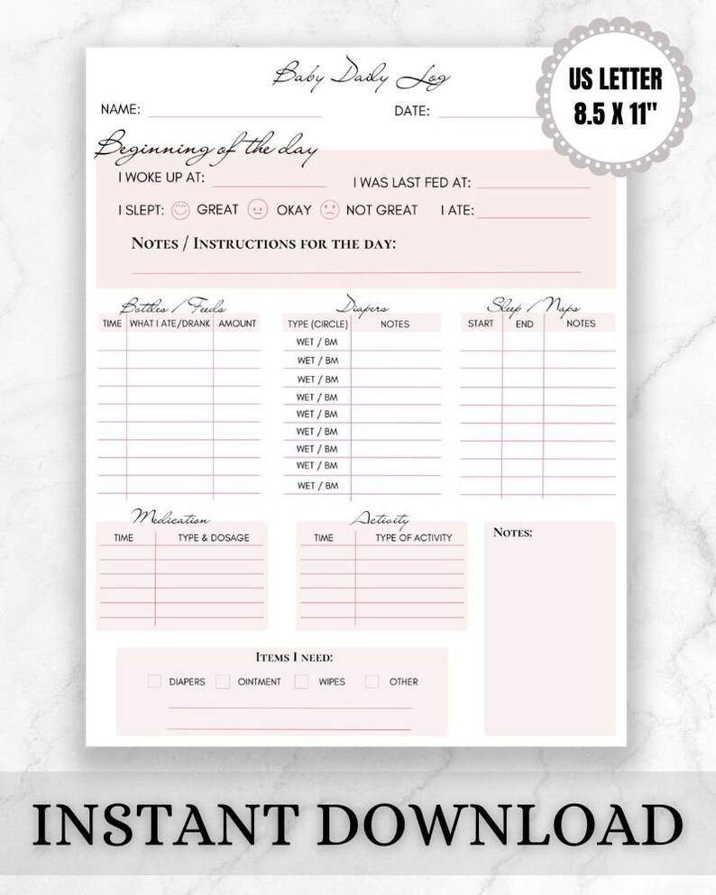 Infant Daily Care Log, Newborn Daily Care Log Printable, Baby Care ...