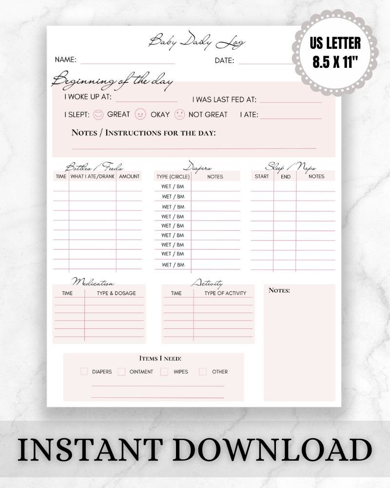 Infant Daily Care Log, Newborn Daily Care Log Printable, Baby Care ...