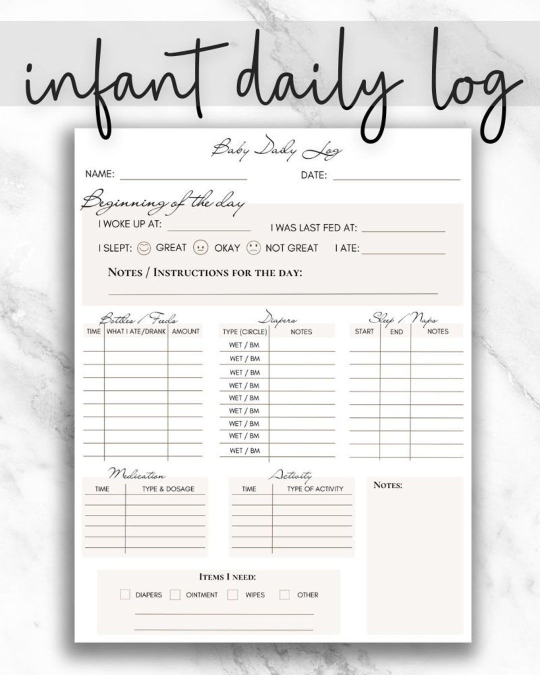 Infant Daily Care Log, Newborn Daily Care Log Printable, Baby Care ...