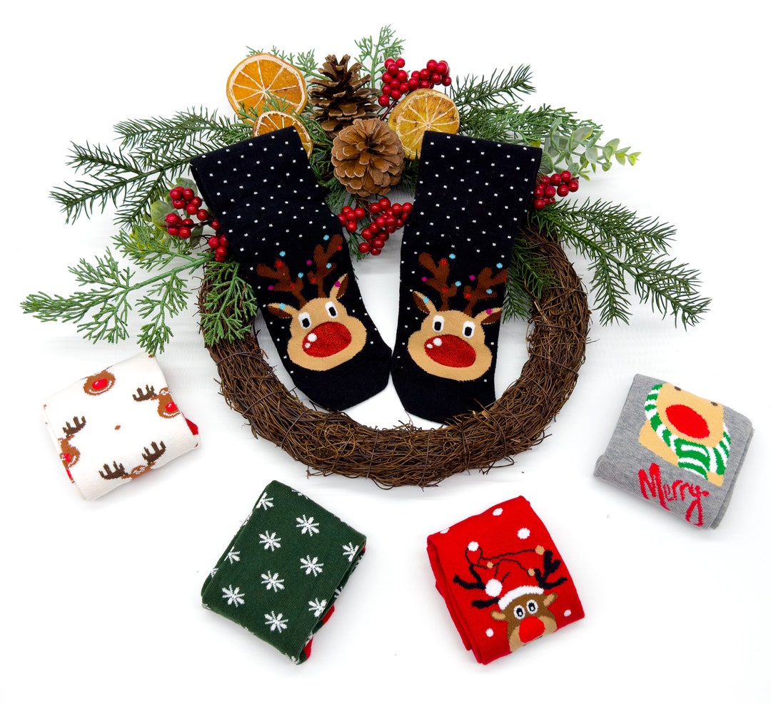 Red-nosed Reindeer Socks, Navy Blue With Polka Dots, Festive Holiday ...