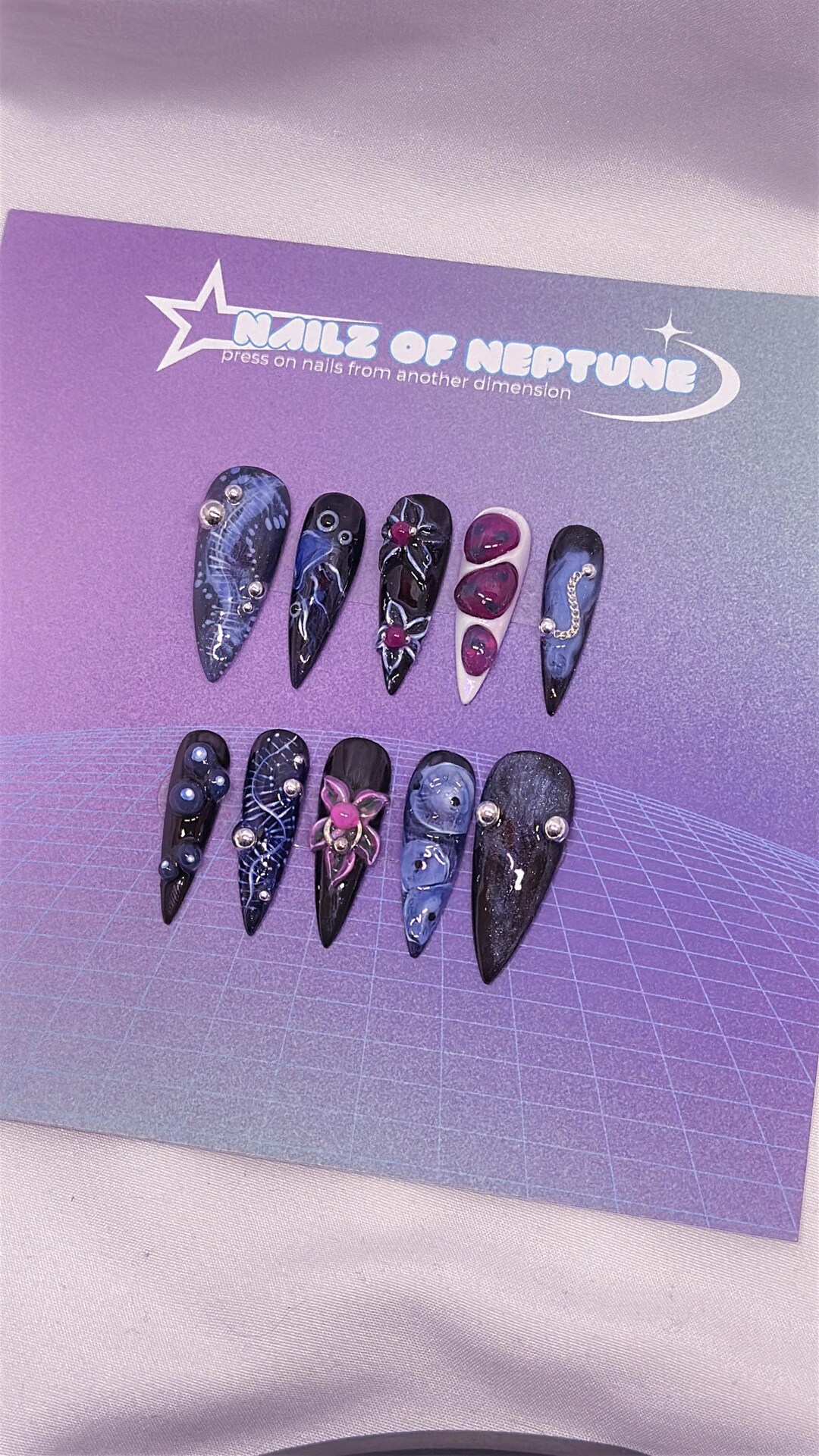 Plasma Petals Press on Nails — Celestial Chrome Nail Art, Cosmiv Floral ...