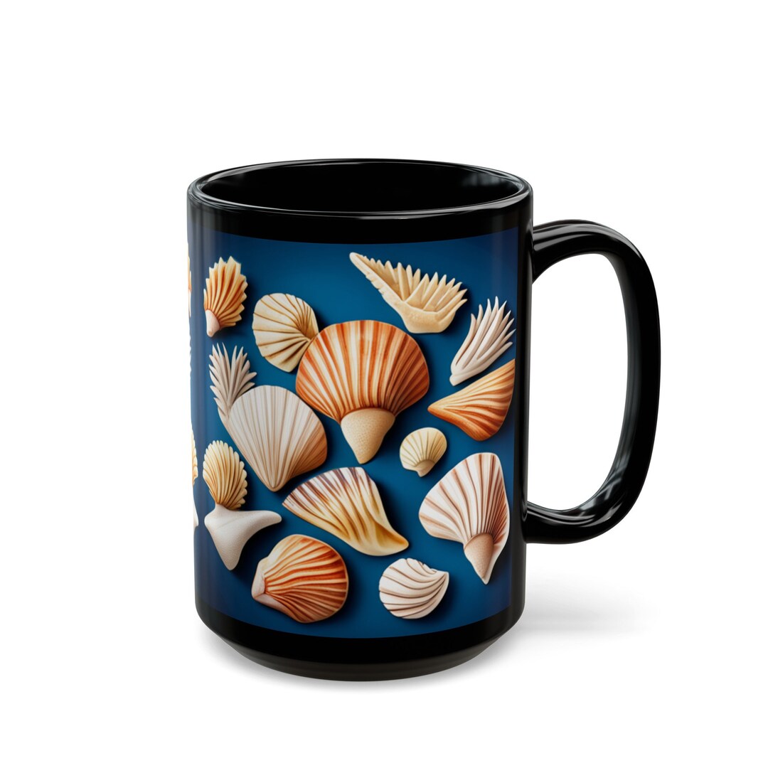 Seashells Mug, Black Mug 11oz, 15oz, Tropical Paradise Mugs, Beach Mugs ...