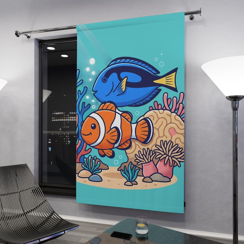 Cartoon Clownfish and Blue Tang Window Curtain | Ocean Coral Panel - Etsy