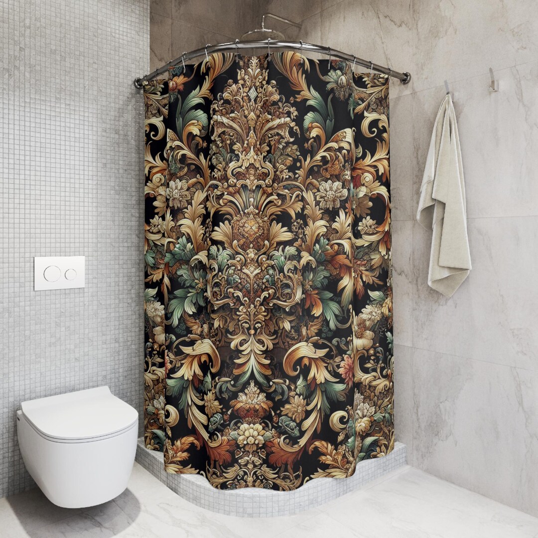 Baroque Floral Scroll Shower Curtain | Ornate Vintage Damask Bathroom ...