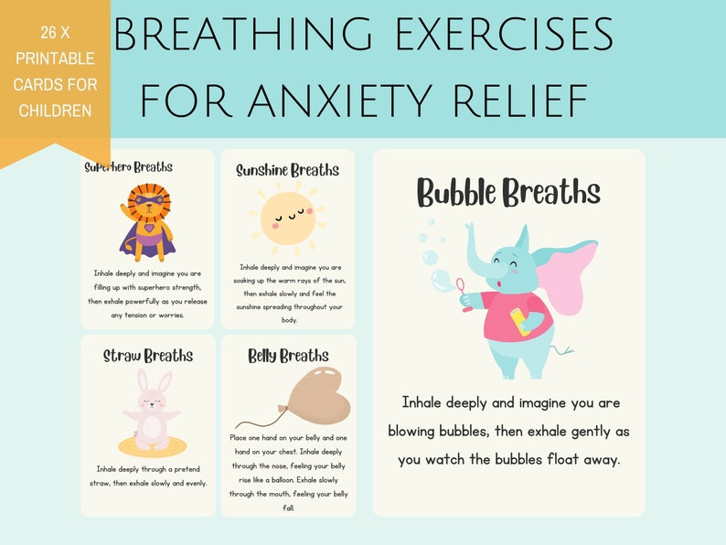 26 Breathing Exercises Cards for Anxiety Relief, Printable Cards for ...