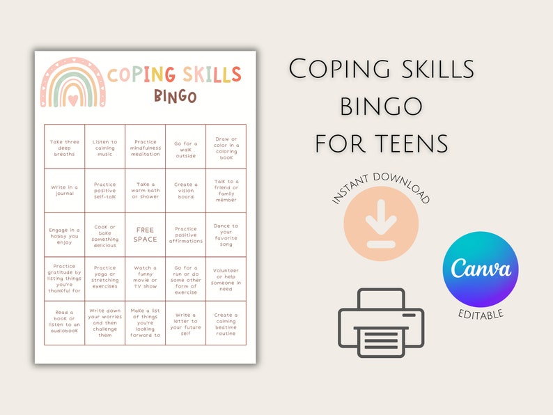 Coping Skills Bingo Cards for Teenagers, Printable Bingo for Teens ...