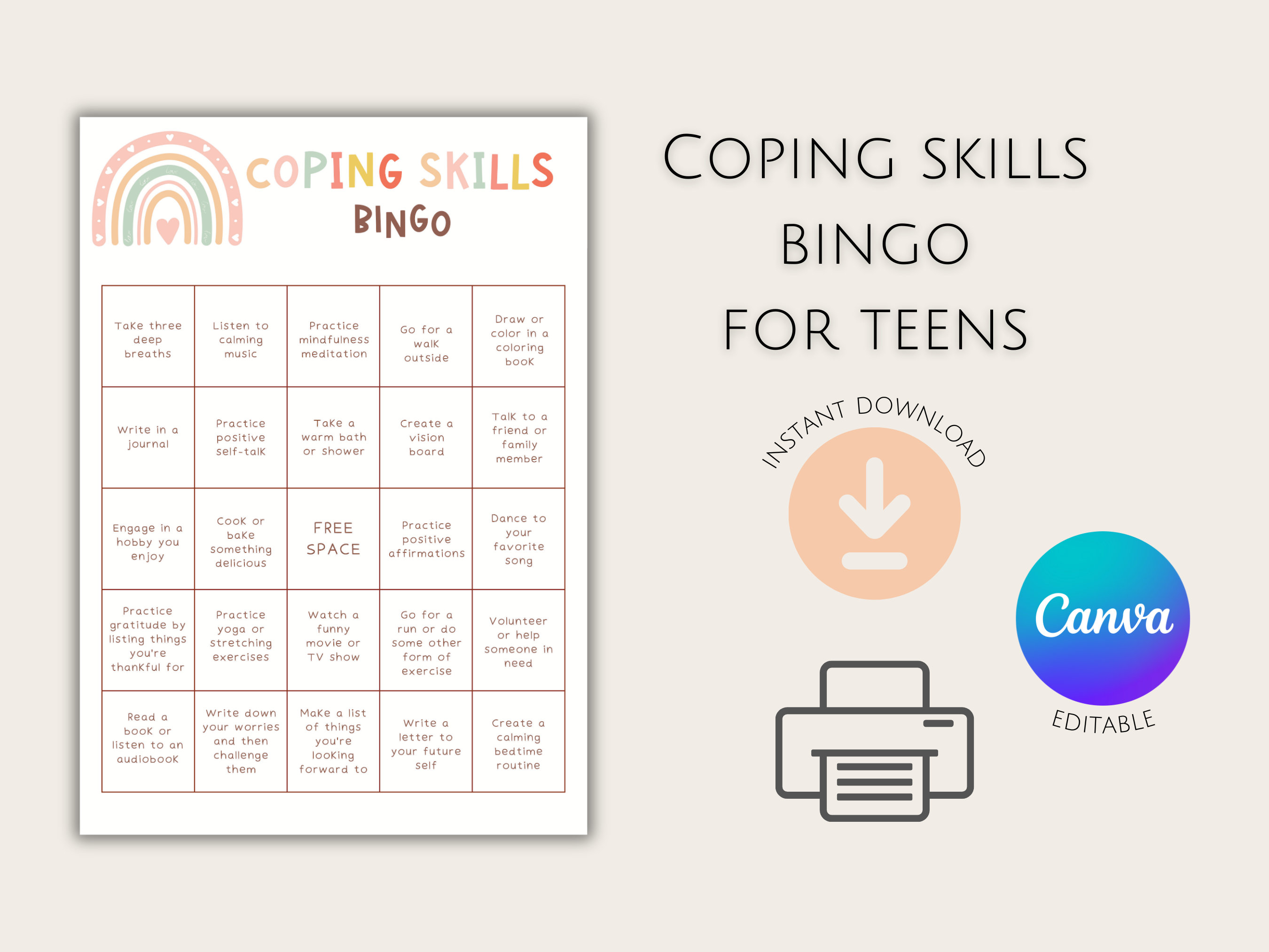 Coping Skills Bingo Cards for Teenagers, Printable Bingo for Teens ...