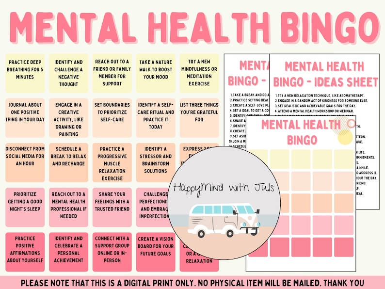 Printable Mental Health Bingo, Mental Health Awareness, Self Care, Play ...