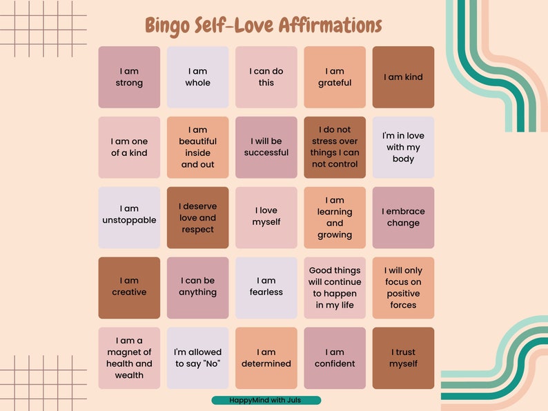 Printable Self Care Affirmations Bingo, Mental Health Prints, Therapy ...