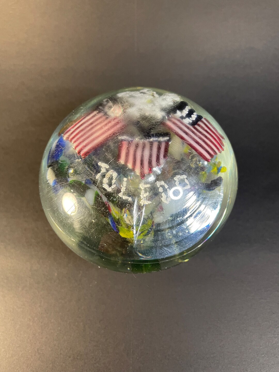 Antique Frit Glass Paperweight Toledo With American Flags Large 4.5 5 ...