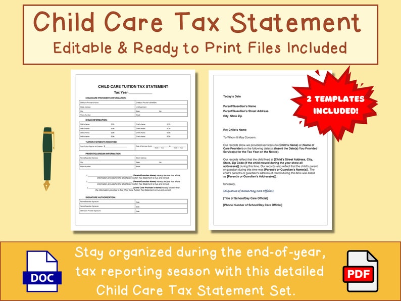 End of Year Child Care / Daycare Tax Statement | Keep A Detailed Record ...